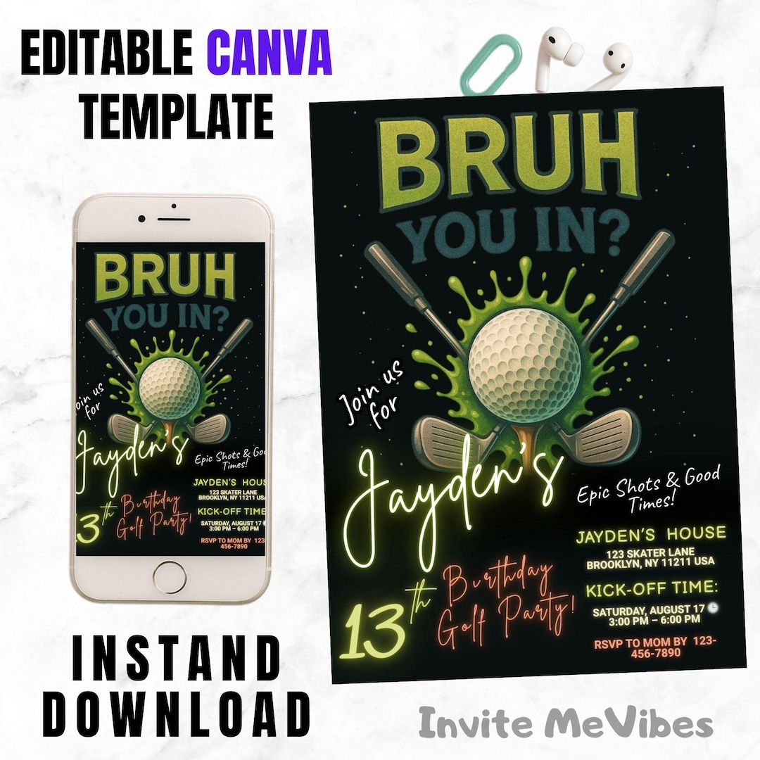 Editable Golf Birthday Invitation | Neon Green Sports Party | Teen BRUH ...
