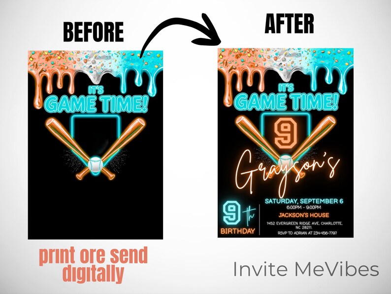 Baseball Drip Birthday Party Invitation, Ice Cream Drip, Neon Glow ...