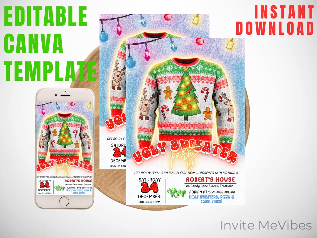 Ugly Sweater Party Invitation: Editable Canva Christmas Birthday ...