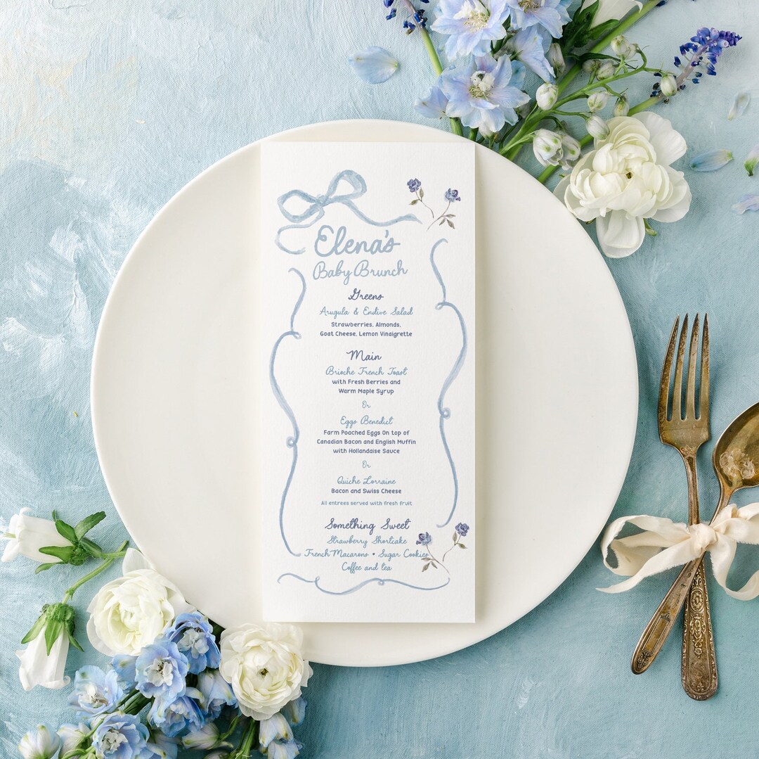 Blue Bow Baby Shower Menu Cards (printable) - Etsy