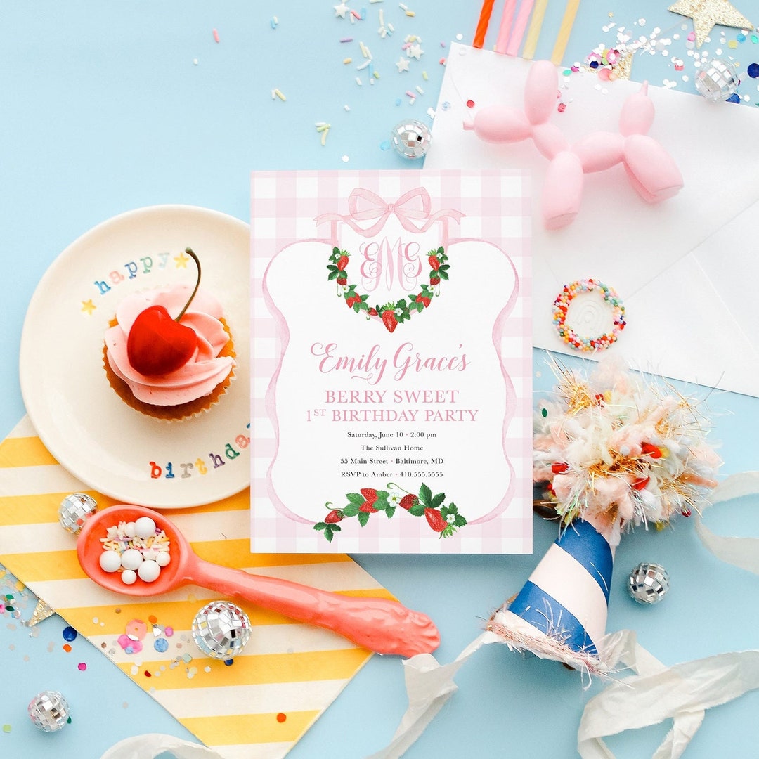 Berry Sweet First Birthday Invitation Preppy Pink Monogram Strawberry ...