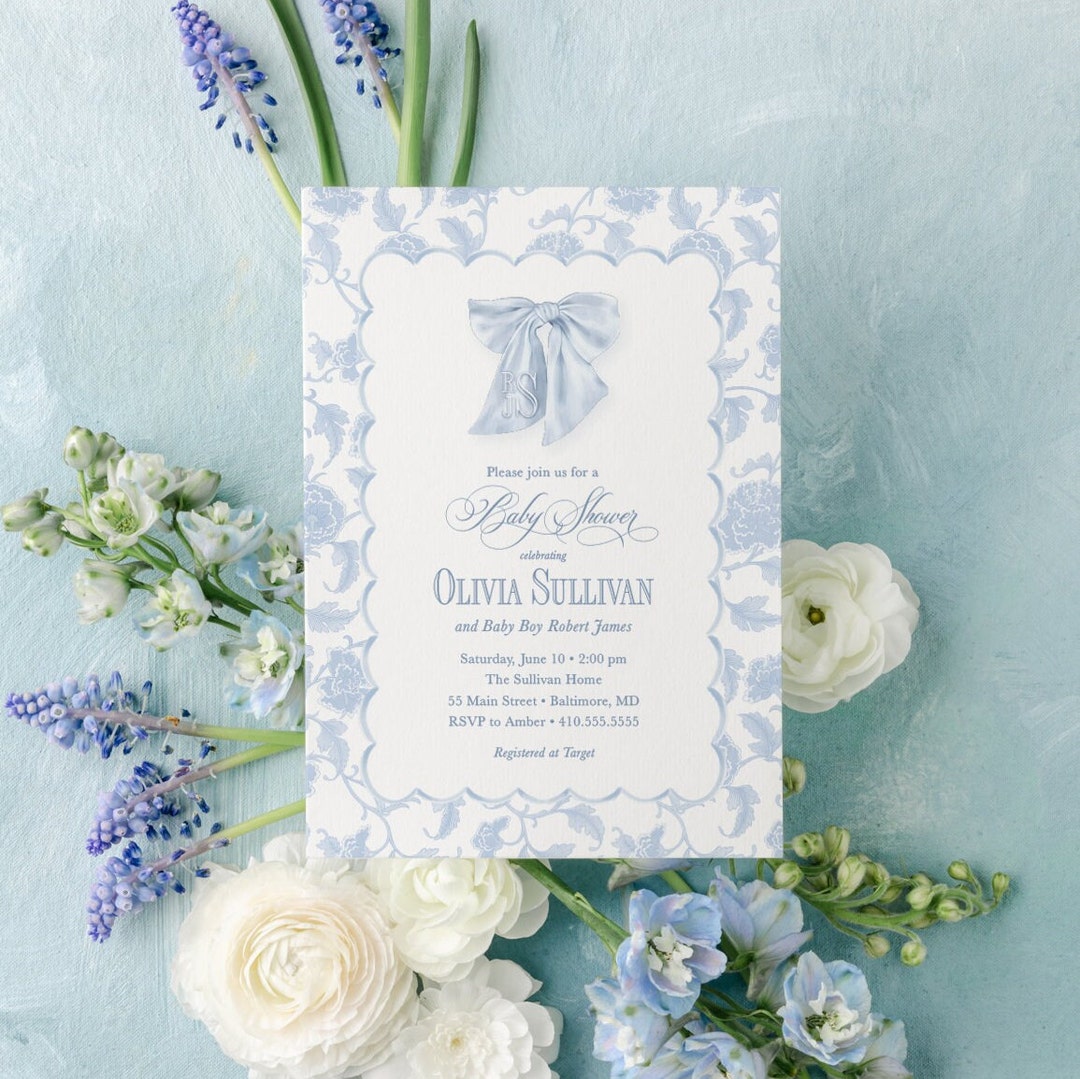 Baby Boy Shower Invitations Blue Toile Scallop Frame - Boy Baby ...