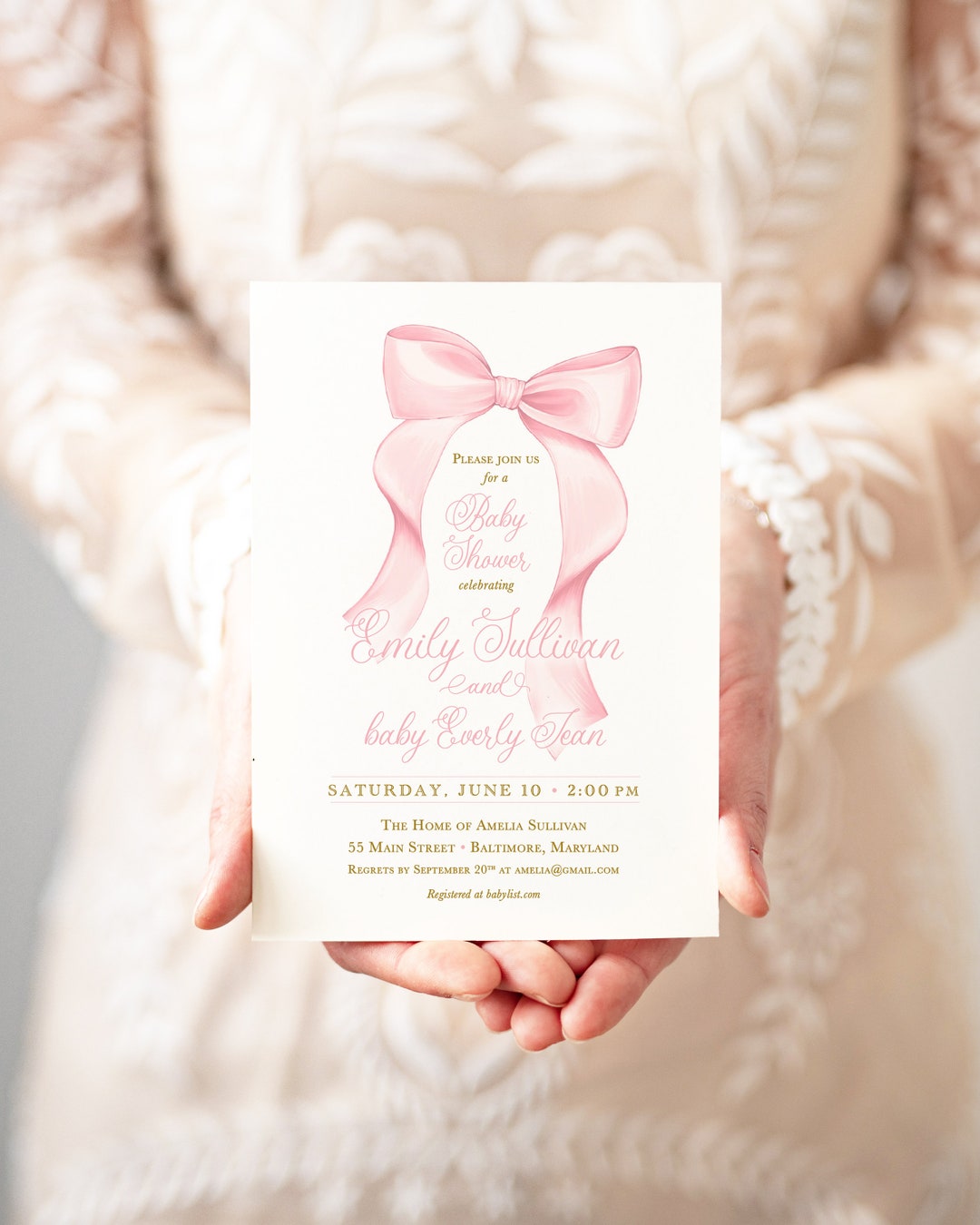 Pink Bow Girl Baby Shower Invitations, Grandmillenial Bows, Baby Girl ...