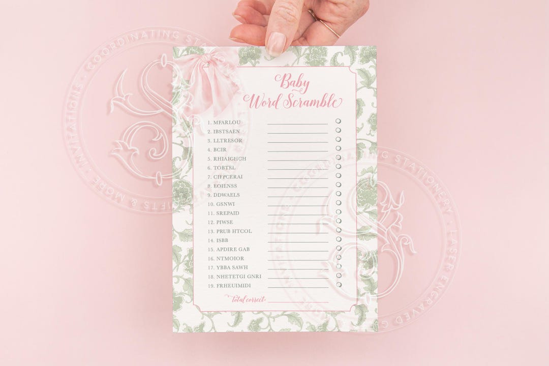 Baby Shower Word Scramble Game With Pink Bow Sage Toile Chinoiserie ...