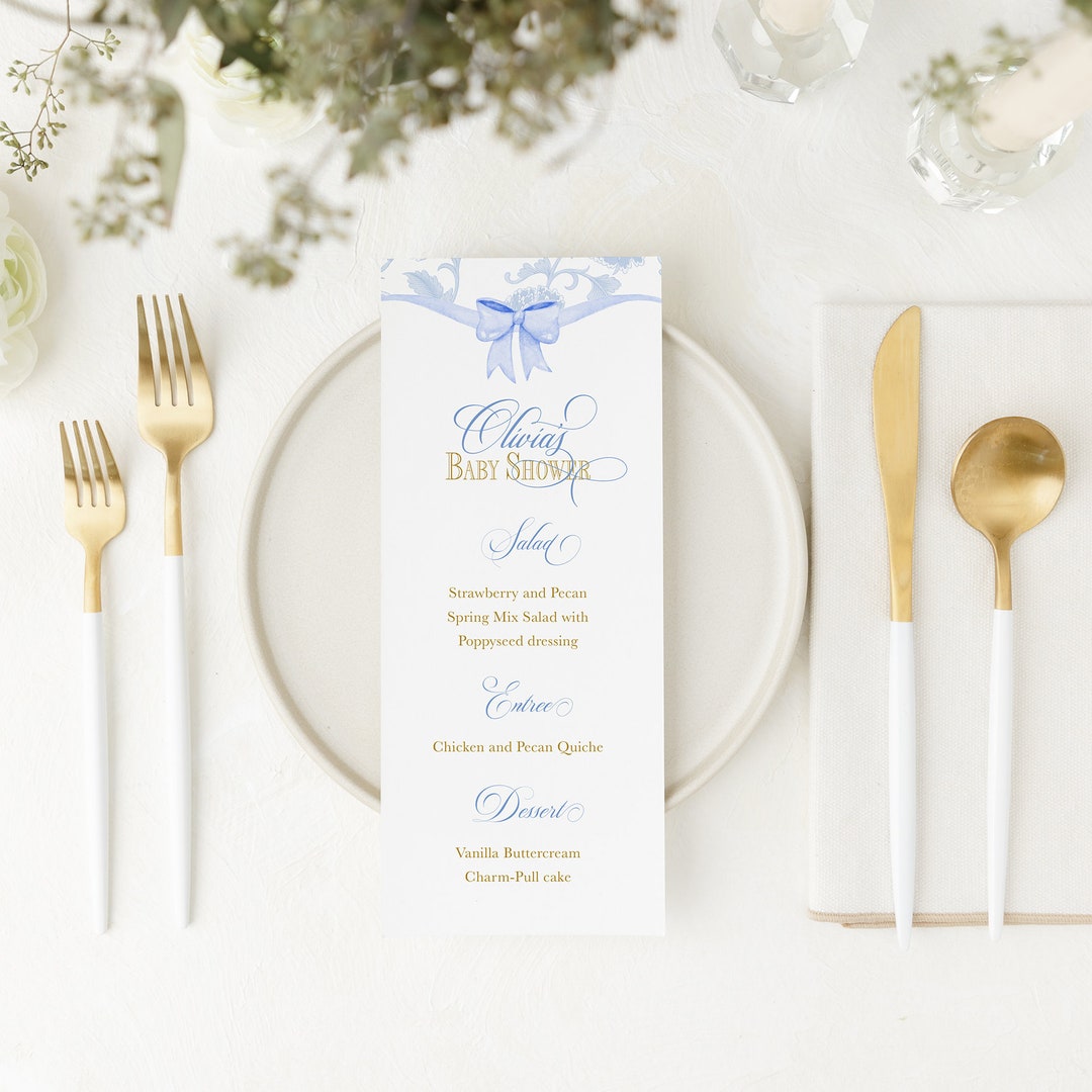 Printed Menu Cards for Blue Toile Baby Shower, Blue Chinoiserie Bridal ...