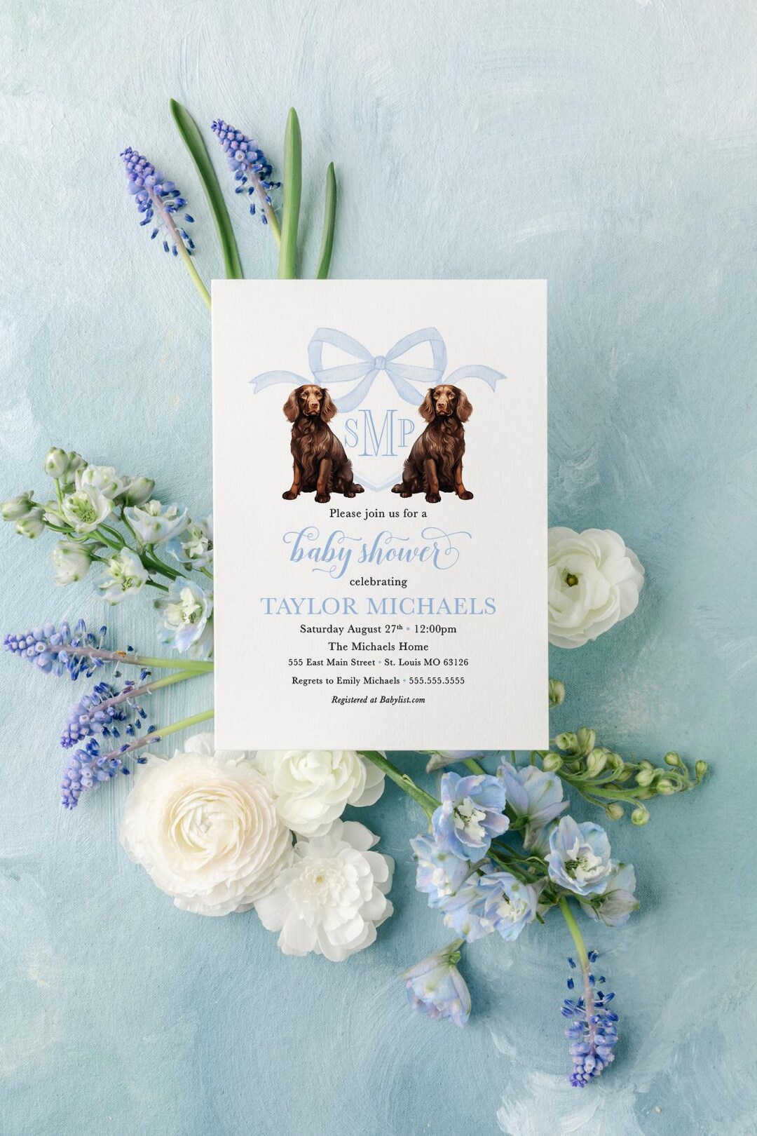 Boykin Spaniel Boy Baby Shower Invitation, Preppy Watercolor Puppy ...