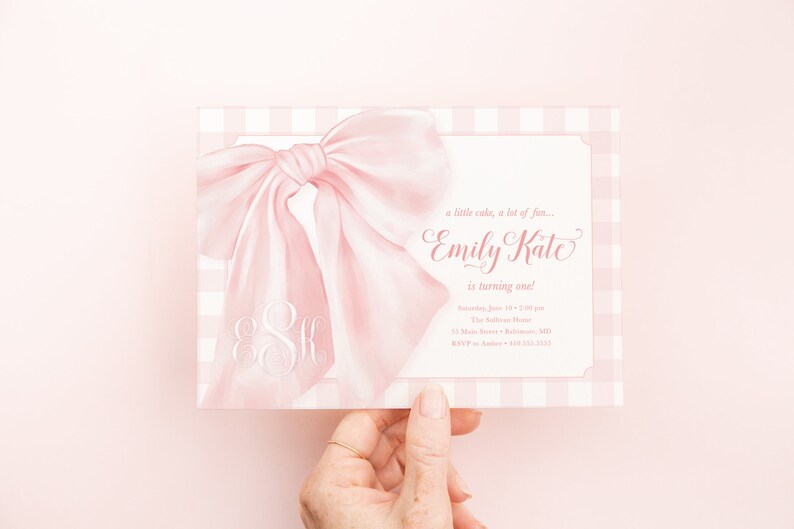 Bow First Birthday Party Invitations Preppy Pink Gingham | Etsy