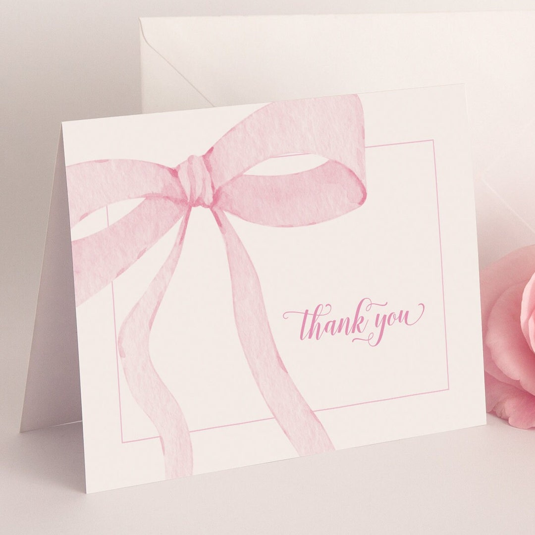 Preppy Pink Bow Thank You Notes Pink Bow Notes Printed Note Cards Girl ...