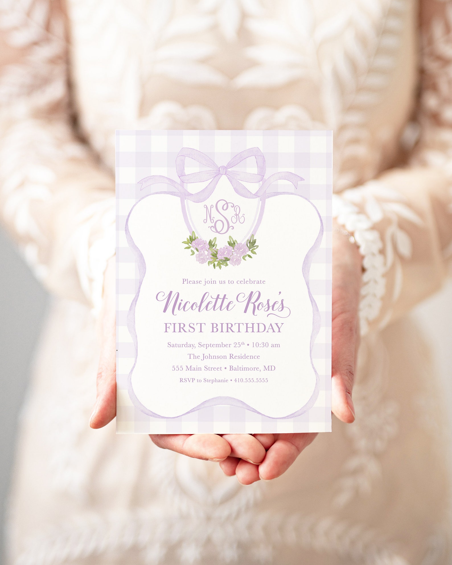 Purple Girl First Birthday Invitations, Preppy Purple Monogram ...