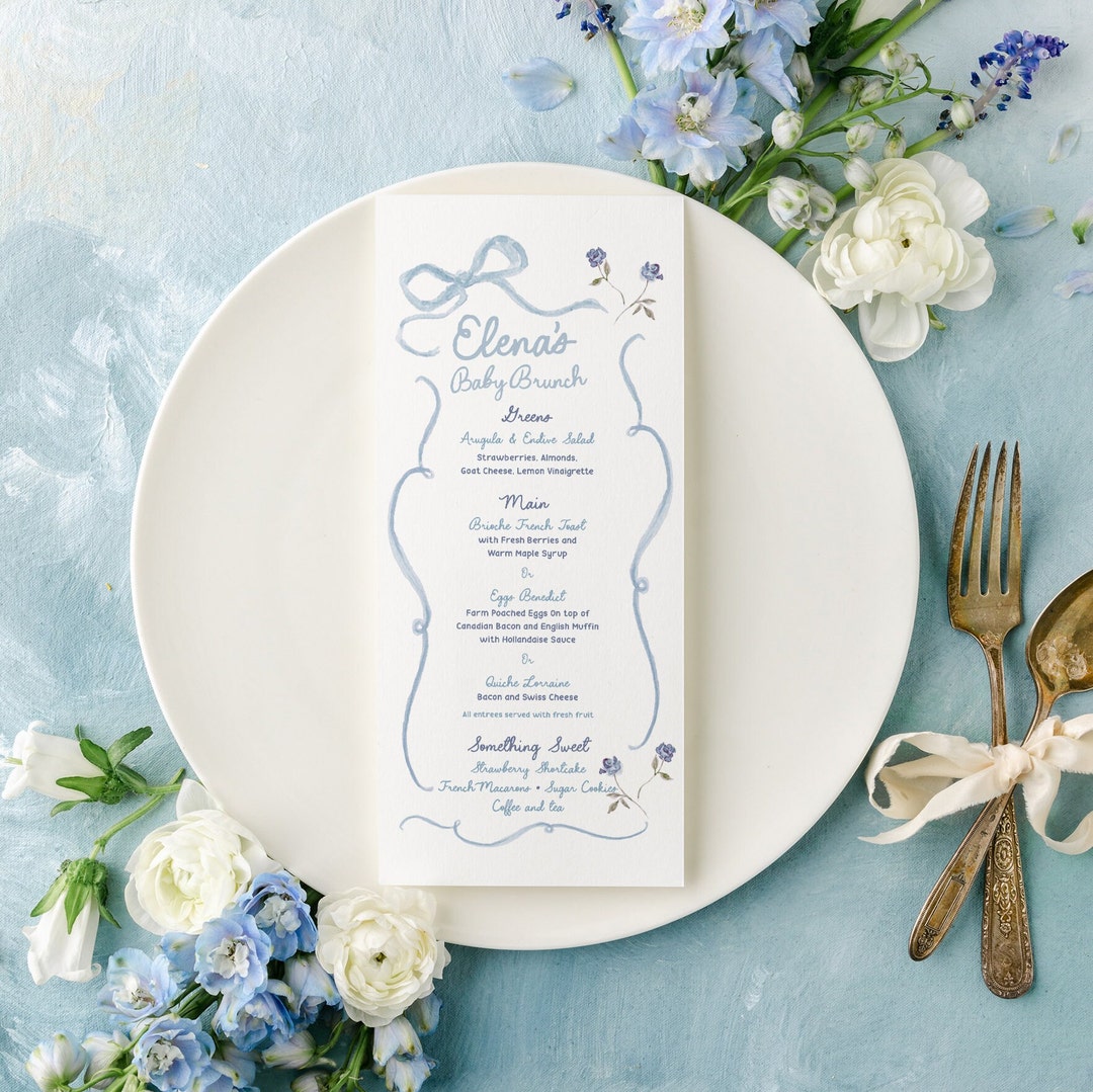 Blue Bow Baby Shower Menu Cards: Printed Brunch Menu - Etsy