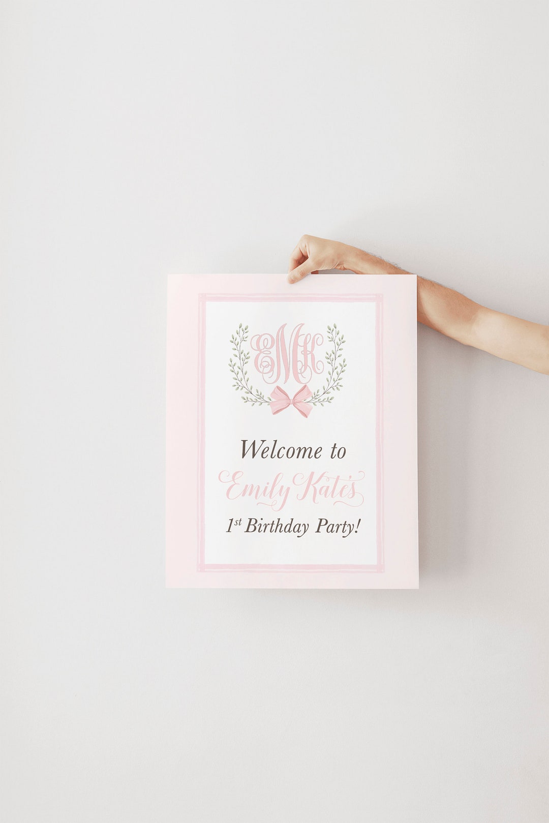 Monogram Crest Birthday Welcome Sign, Preppy Pink Bow, Classic Monogram ...