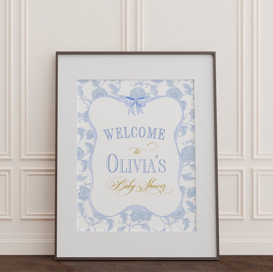 Boy Baby Shower Welcome Sign Printed - Blue and White Chinoiserie ...