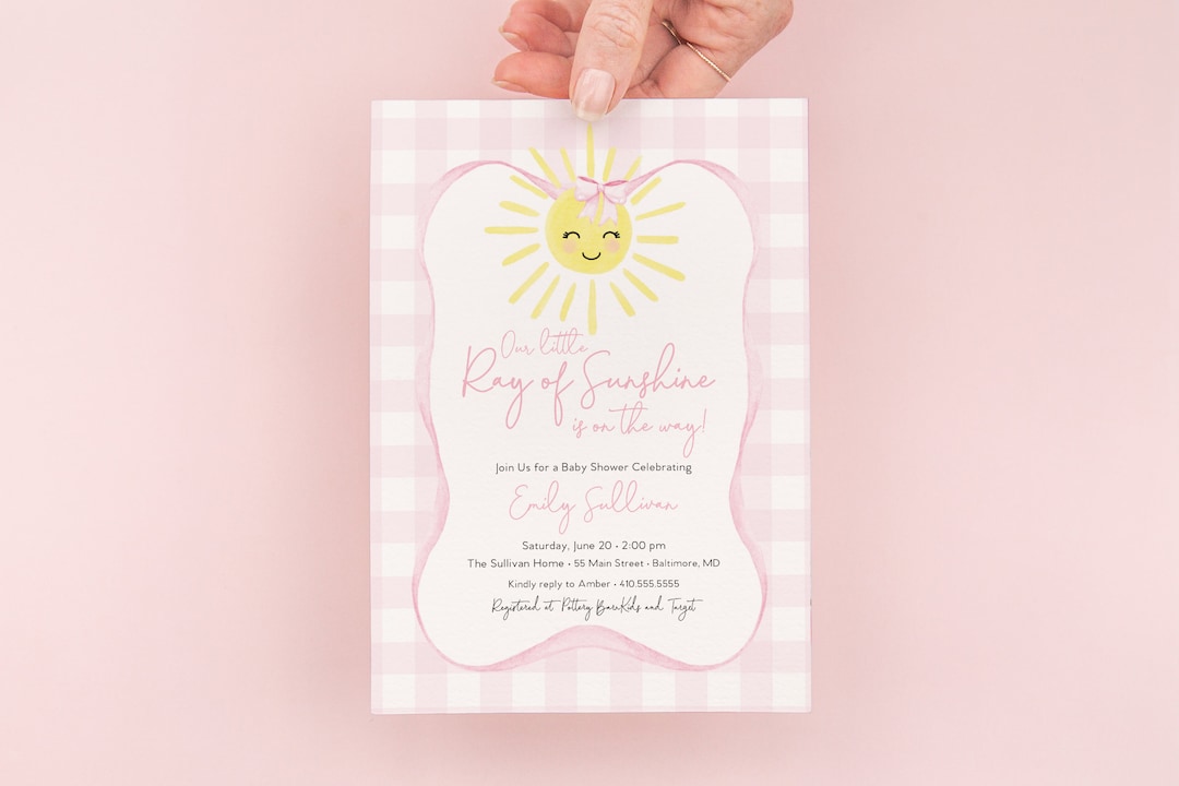 Preppy Pink Gingham Sunshine Baby Shower Invitation - Our Little Ray of ...