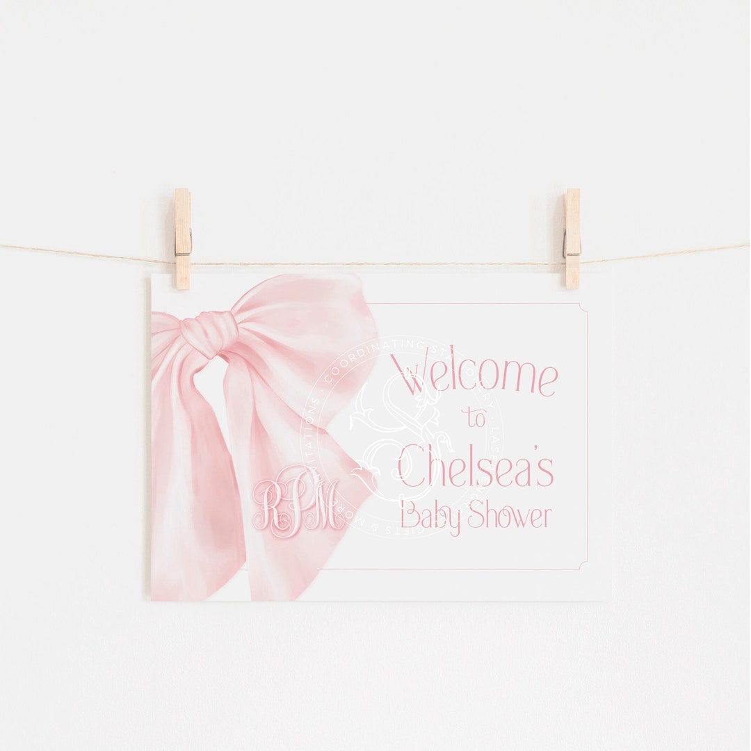 Pink Bow Baby Girl Shower Welcome Sign, Monogram Bow, Baby Brunch ...