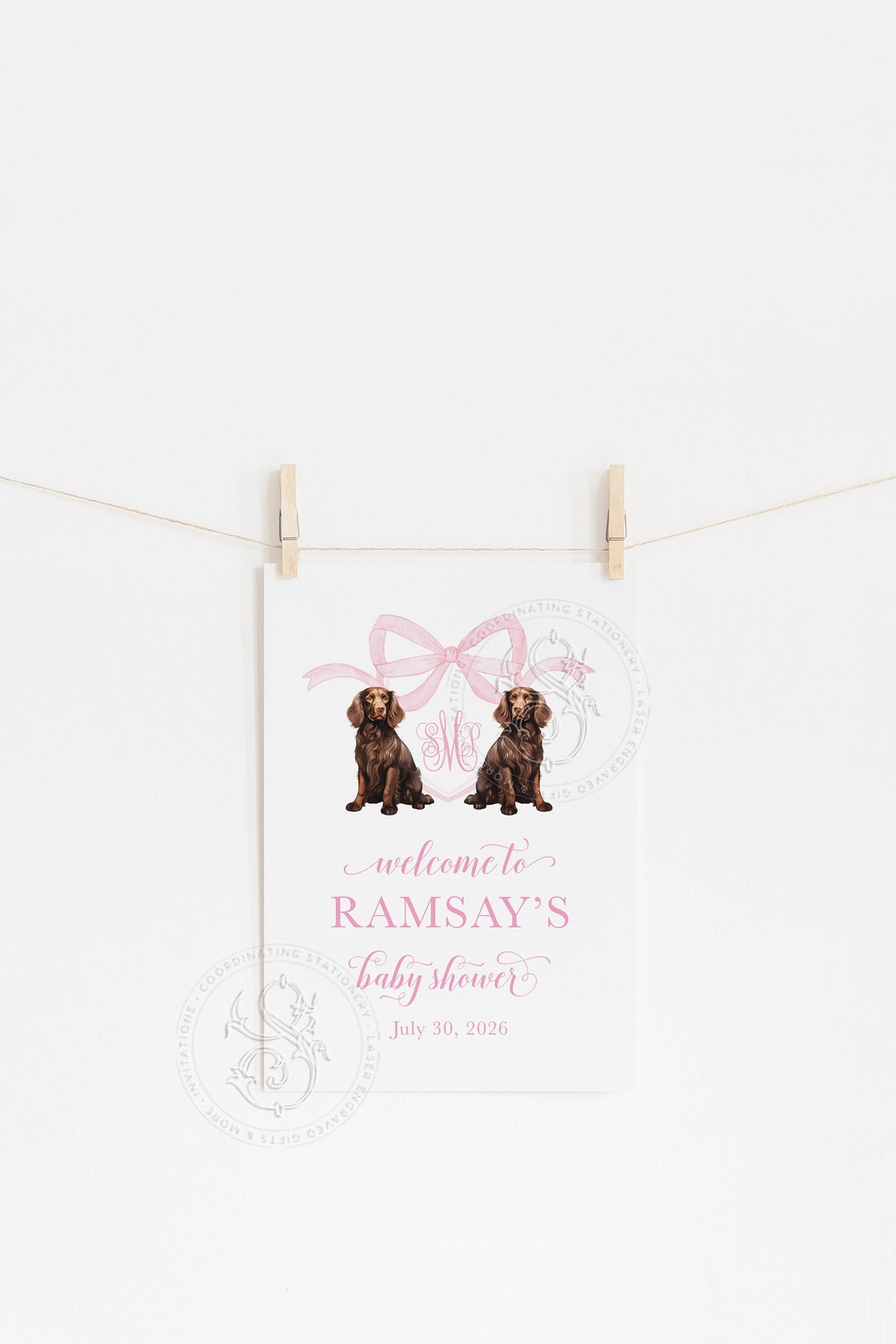 Girl Baby Shower Welcome Sign Boykin Spaniel Monogram Crest Bow Girl ...
