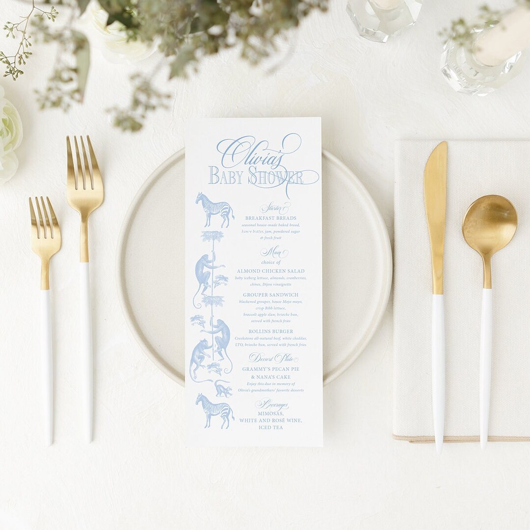 Printable Menu Cards for Blue Toile Safari Baby Boy Shower, Baby ...