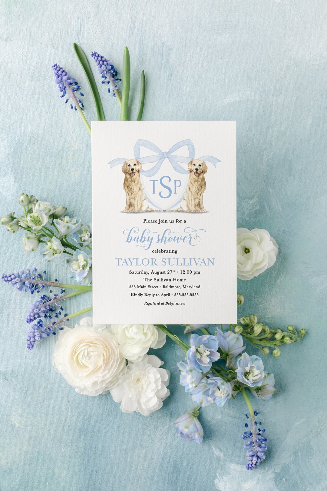 Boy Baby Shower Invitation, Preppy Watercolor Crest, Golden Retriever ...