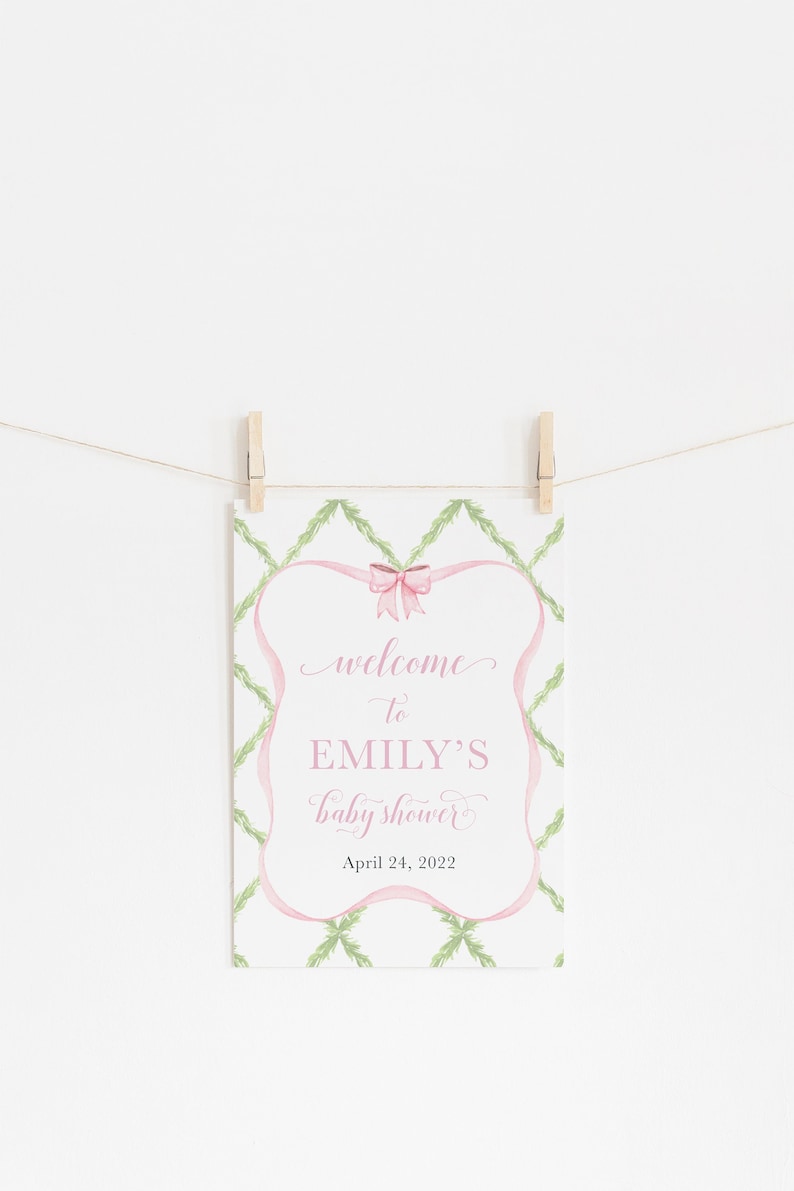 Preppy Pink and Green Bow Baby Shower Welcome Sign Baby | Etsy
