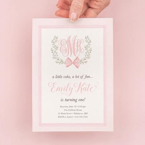 Pink Bow Invitation, Girl First Birthday, Preppy Classic Monogram ...