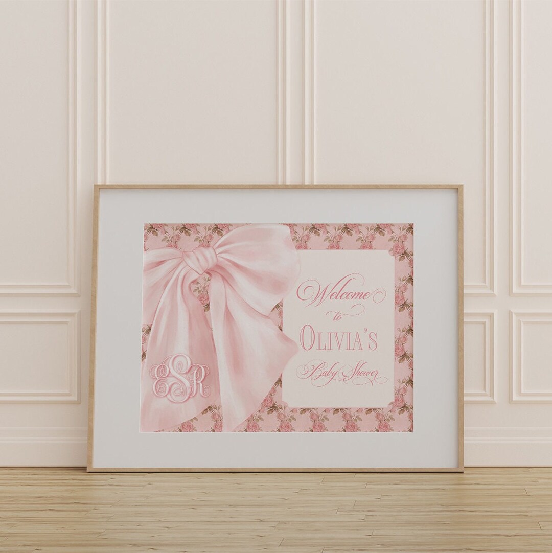 Letrero de bienvenida para baby shower de niña - Lazo rosa elegante ...