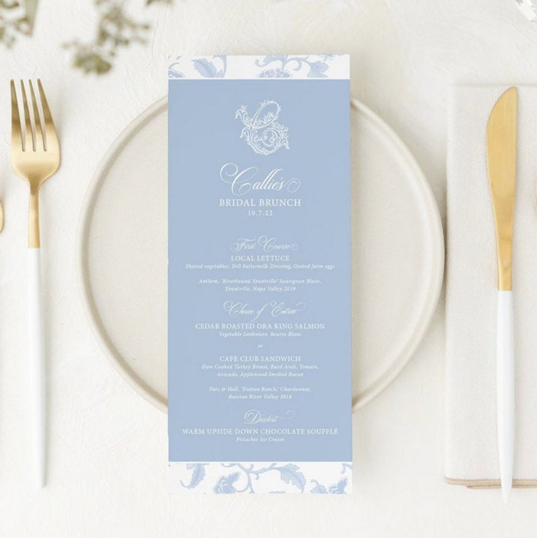Printed Menu Cards for Bridal Shower, Bridal Tea Menu Card, Bridesmaids ...