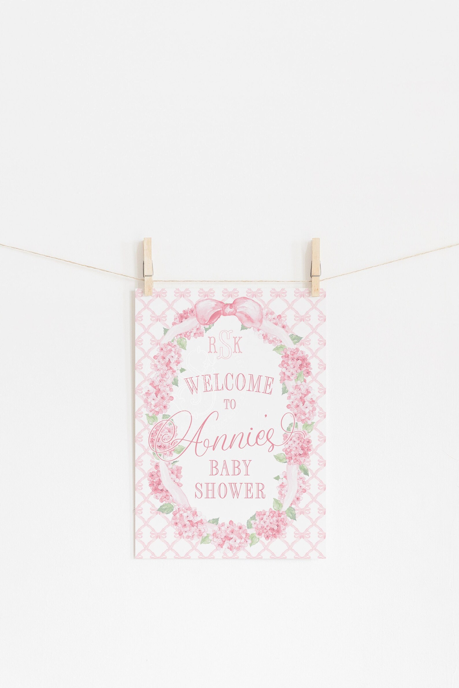 Pink Hydrangea Baby Shower Welcome Sign: Grandmillennial Bow Wreath ...