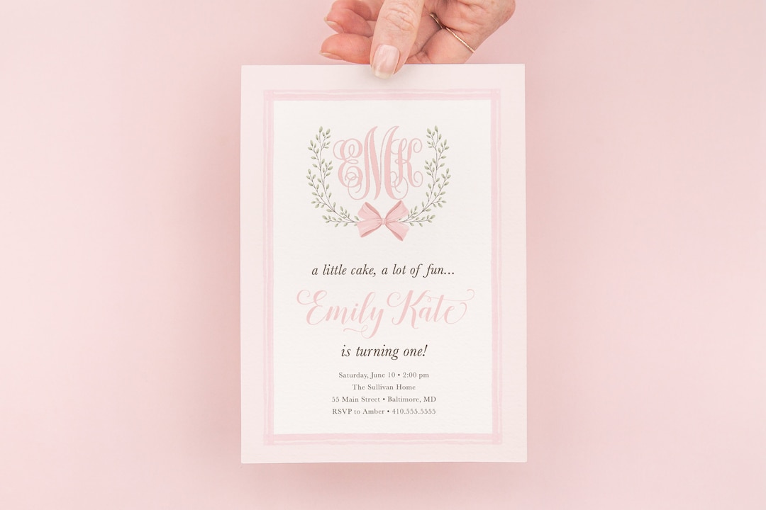 Pink Bow Invitation, Girl First Birthday, Preppy Classic Monogram ...