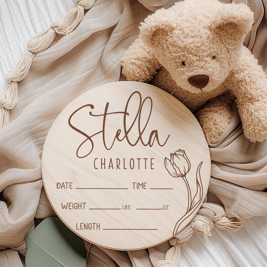 Tulip Baby Name Sign: Engraved Wooden Birth Announcement - Etsy