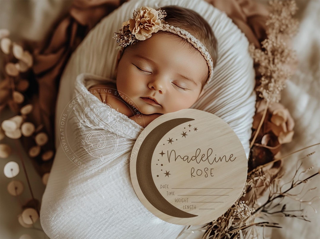 Celestial Baby Name Stats Sign, Wooden Newborn Name Photo Prop, Moon ...