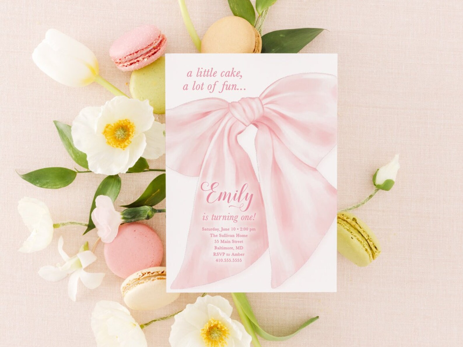 Bow First Birthday Invitations, Preppy Pink Bow Invites, Watercolor Bow ...