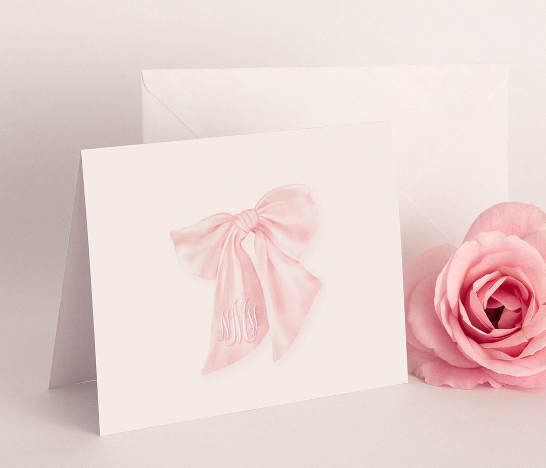 Pink Bow Thank You Note Cards Printed - Monogram Bow Notes - Printed ...