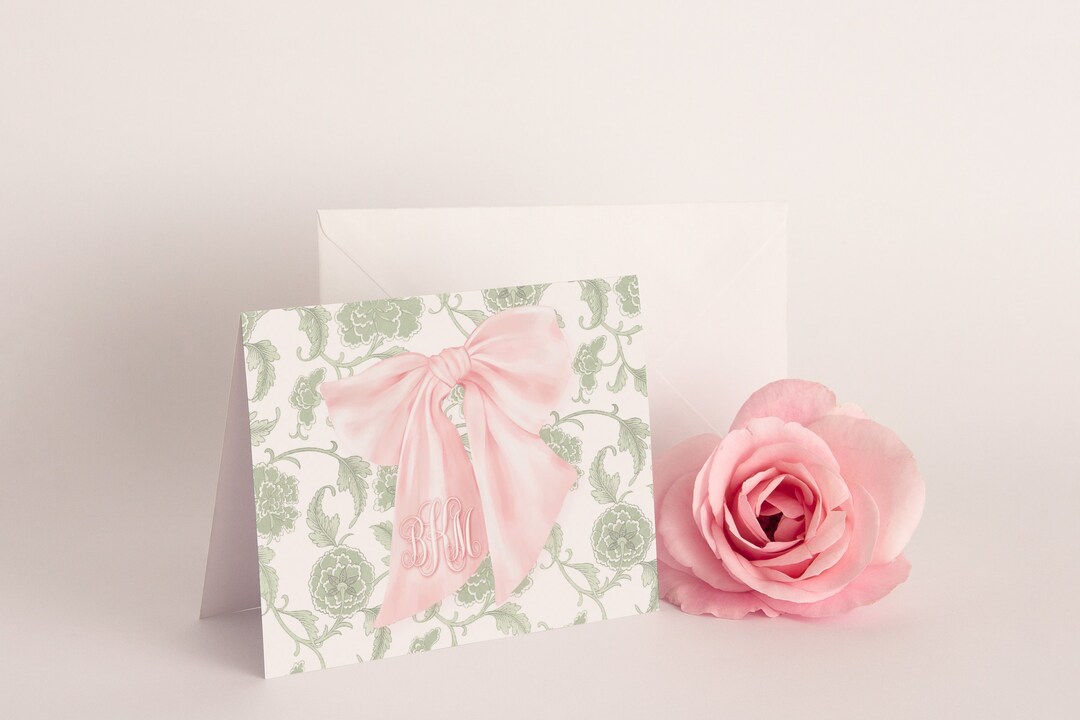 Pink Bow Monogram Thank You Notes: Sage Green Chinoiserie - Etsy