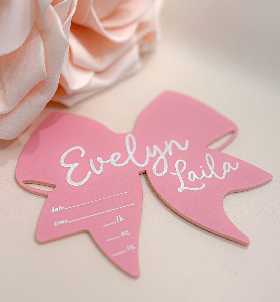 Pink Bow Baby Girl Name Sign, Name Announcement Sign Hospital Crib ...