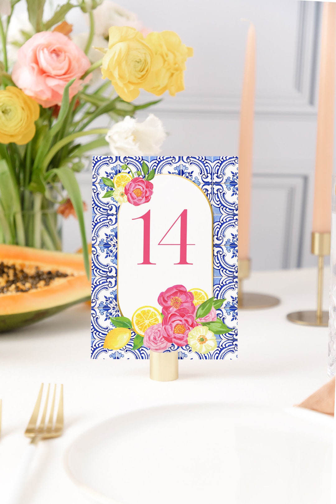 Printable Table Numbers - Lemon Table Signs - Lemons and Blue Tile ...