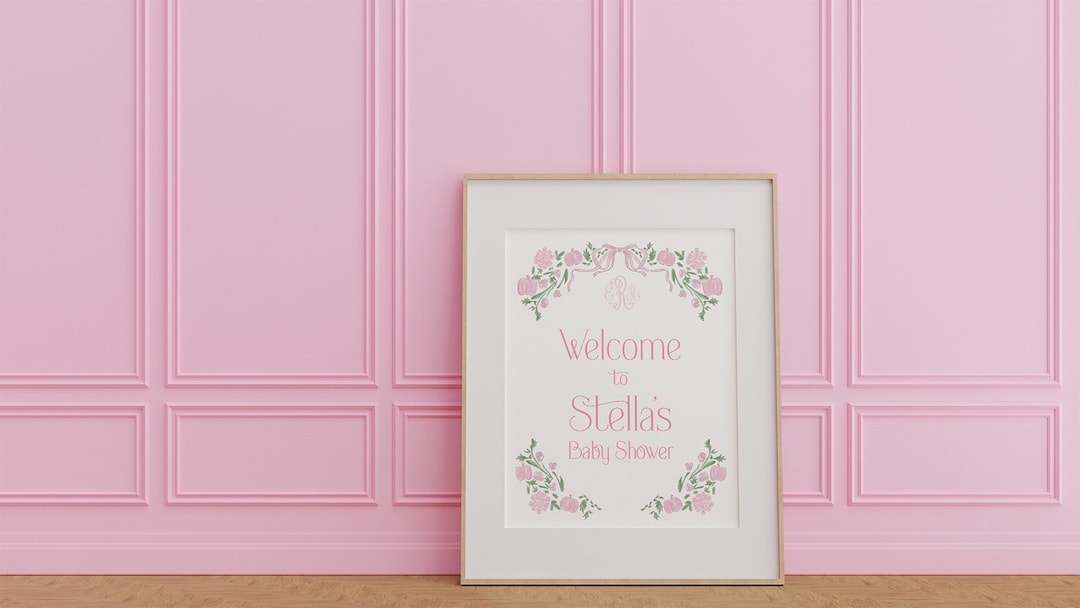 Pink Pumpkin Baby Girl Shower Welcome Sign - Preppy Pink Bow - Baby ...