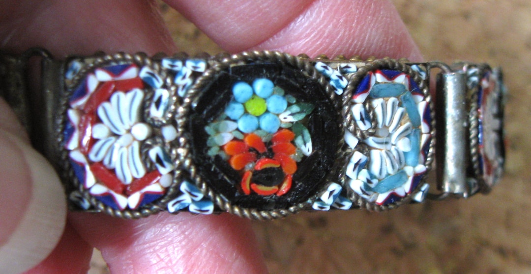 Vintage Italian Tile Micro Mosaic 5 Panel Brass Bracelet 7.5" - Etsy