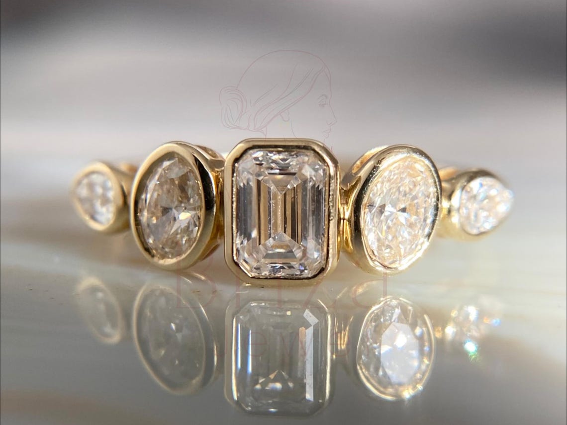 Bezel Set Emerald Cut Diamond Ring | 18K Yellow Gold, Mixed Shape - Etsy