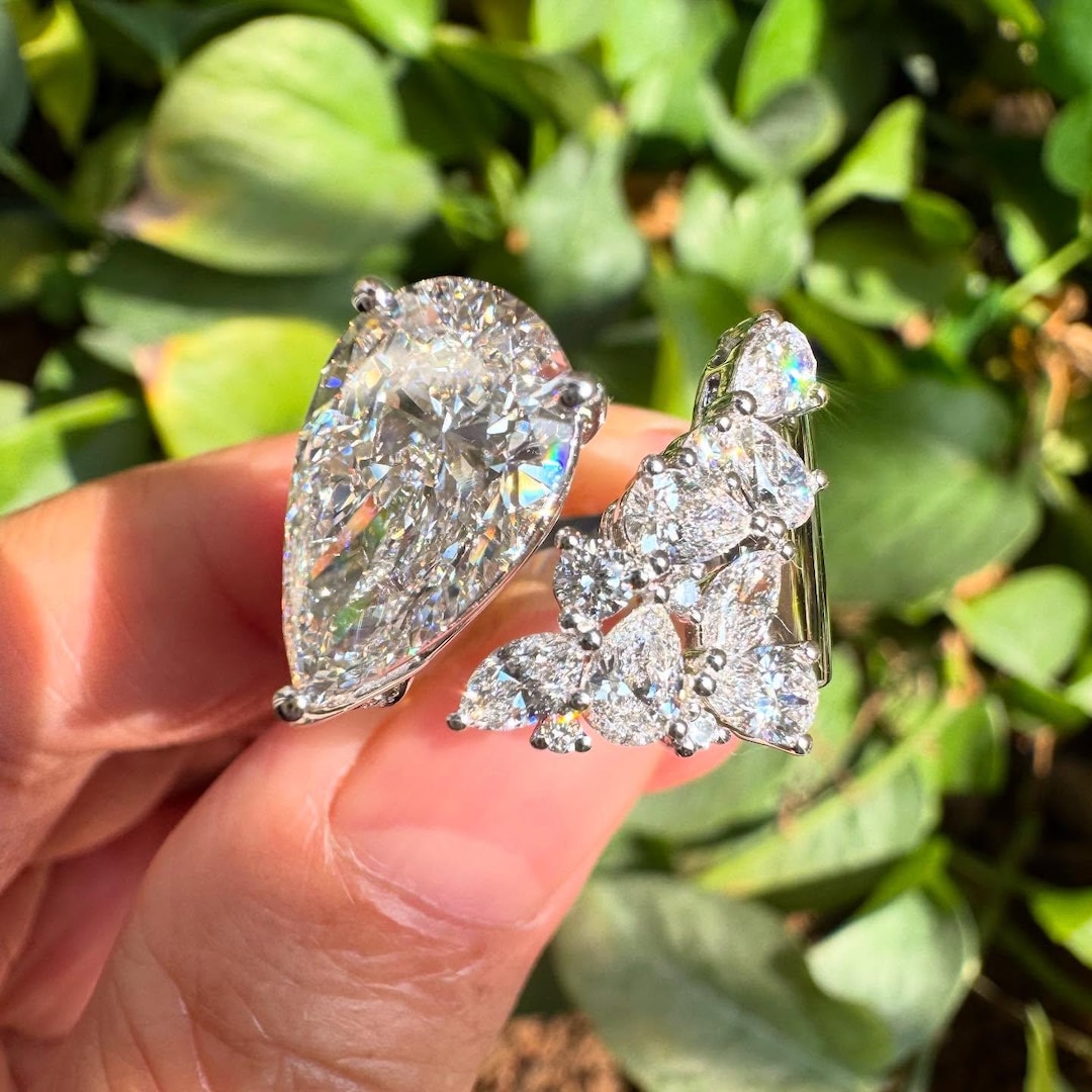 Pear Cut Lab Diamond Cocktail Ring: Floral Yellow Gold Statement - Etsy