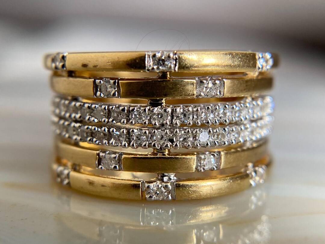 18K Gold Multi Row Diamond Band | Statement Ring - Etsy