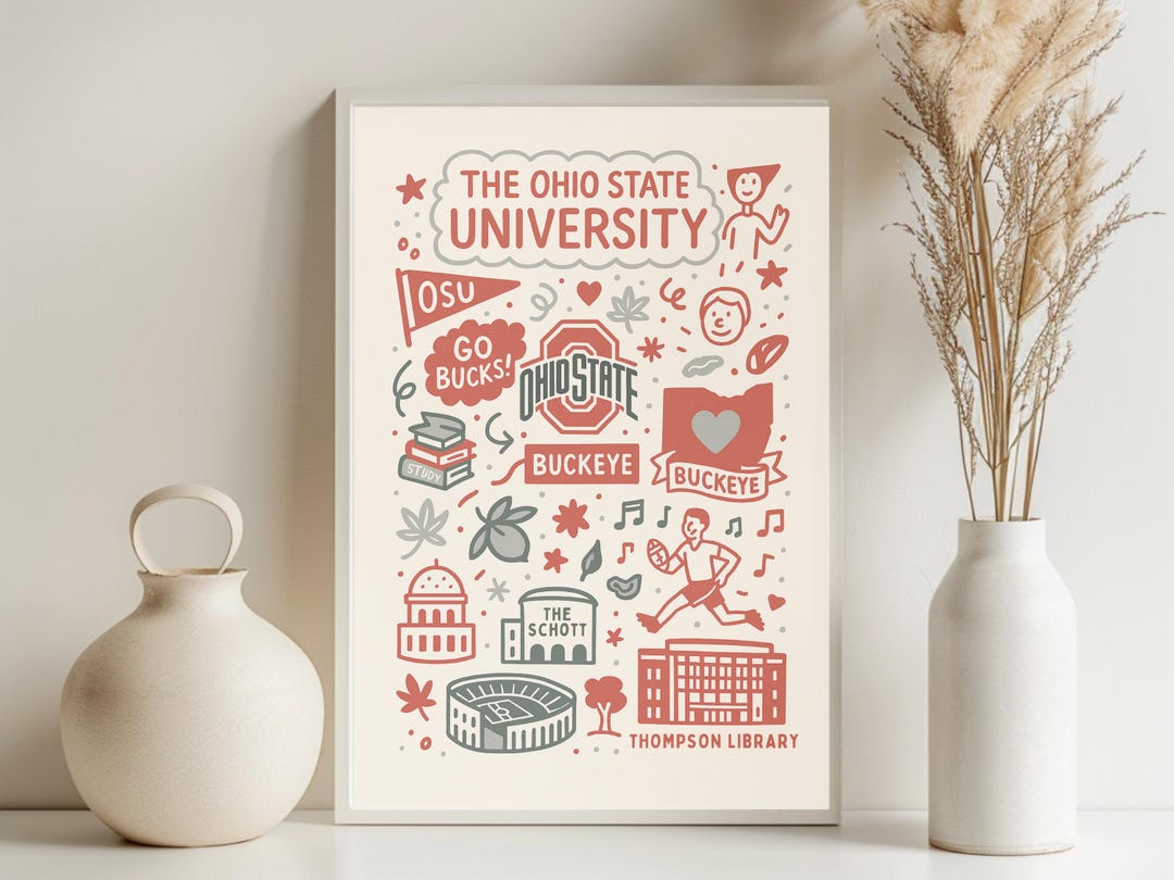 Ohio State Red and Gray Doodle Icons Poster – Buckeyes Campus Print ...