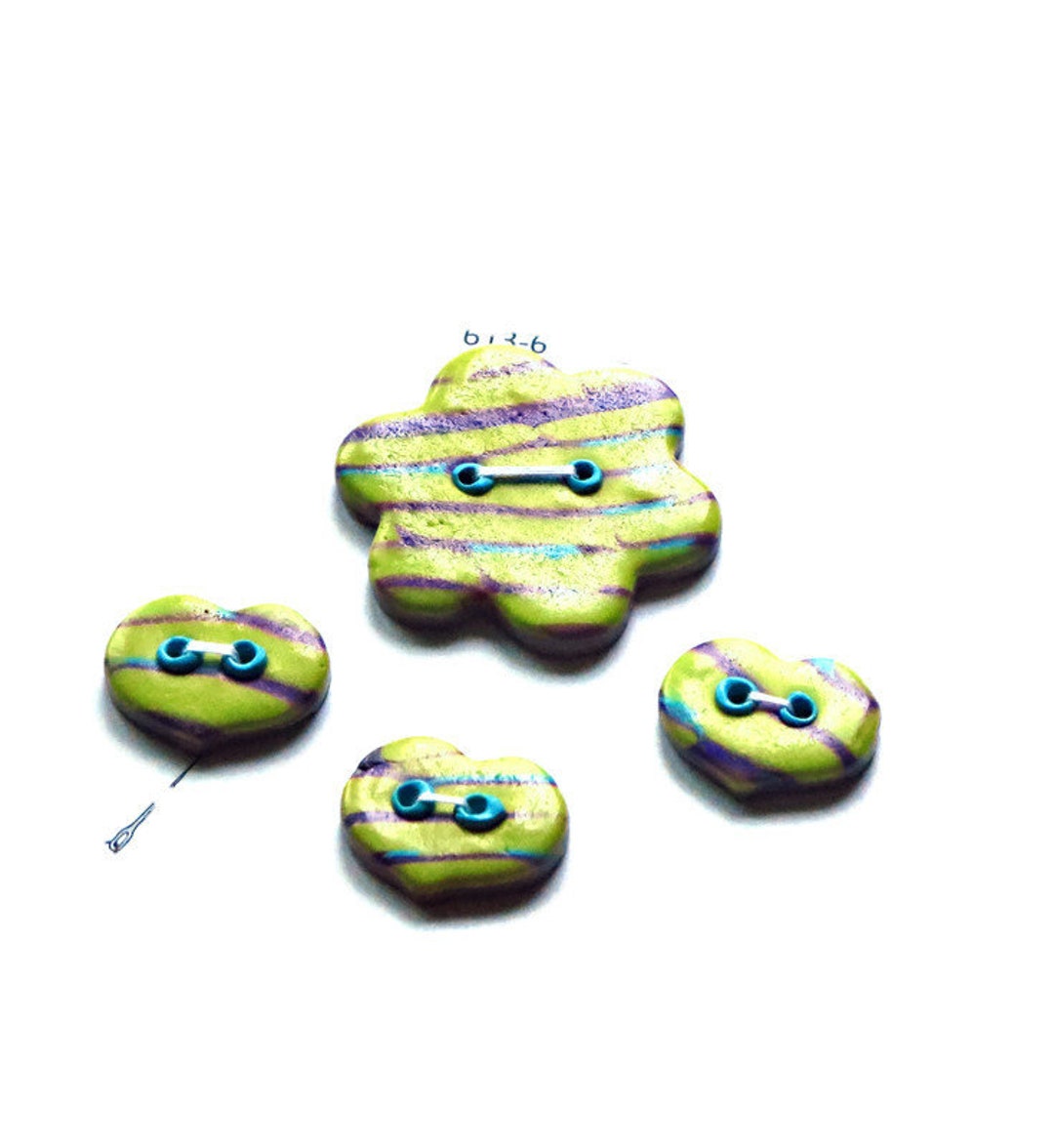 Green and Purple Buttons, Flower Heart Buttons, Large Flower Buttons ...