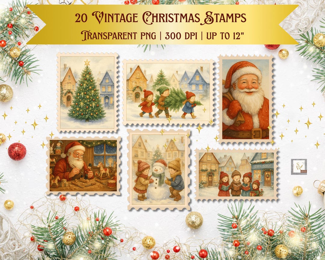 Vintage Christmas Stamps Clipart, Retro Holiday PNG (digital Download ...