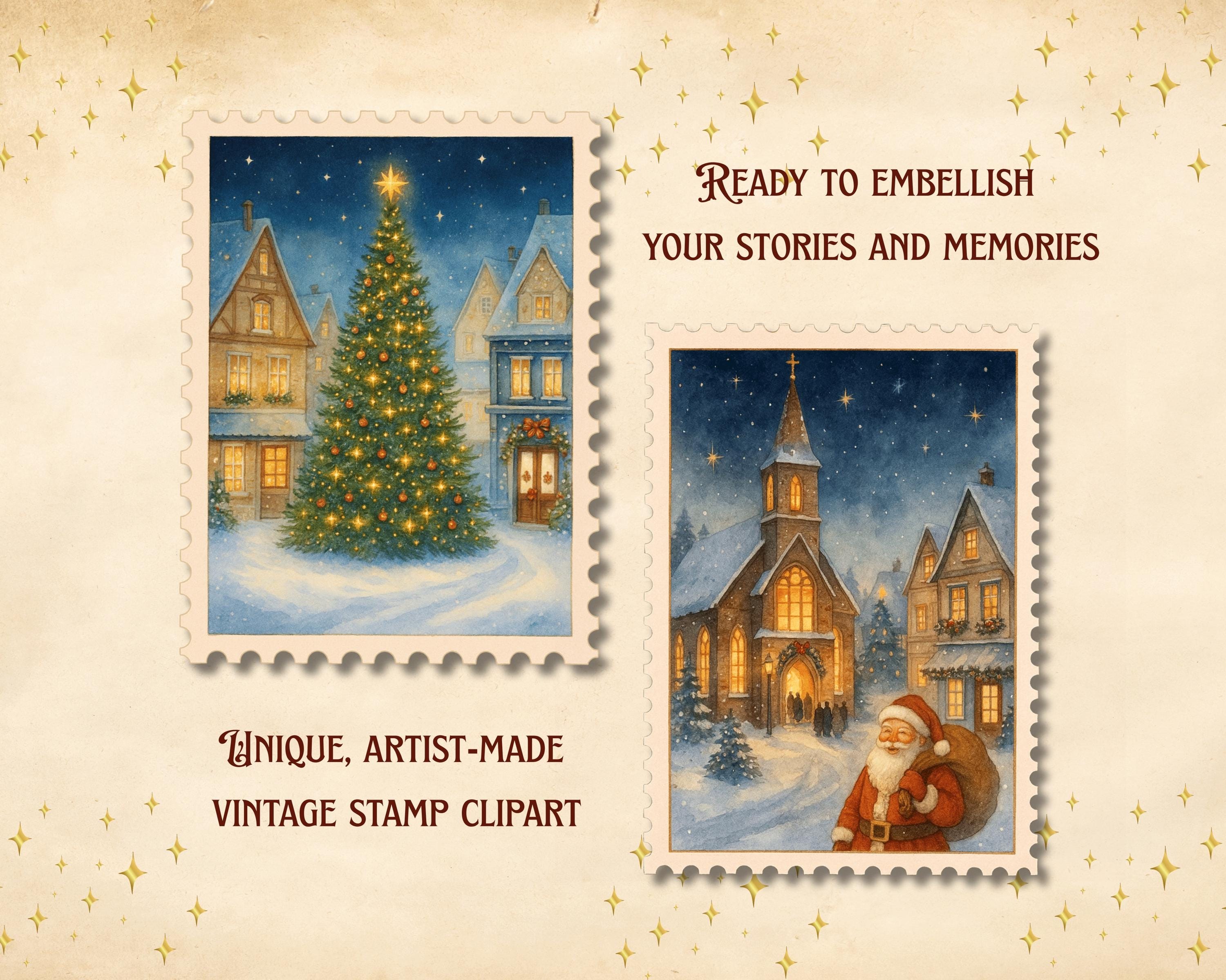Vintage Christmas Stamps Clipart, Retro Holiday PNG (digital Download ...