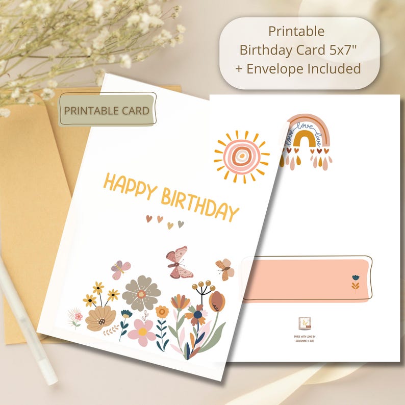 Bohoe Printable Happy Birthday Carde Floral Card Greeting Cardful ...