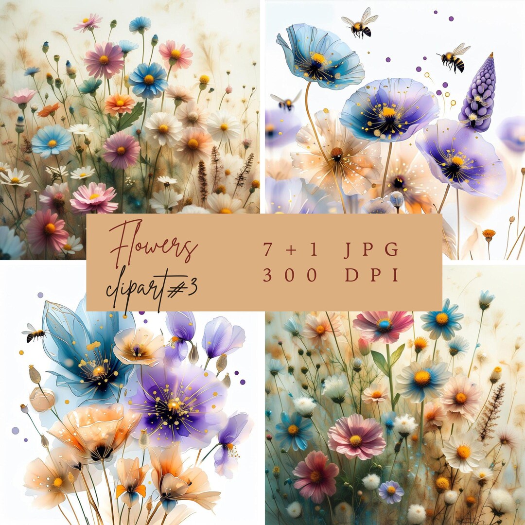 Whimsical Wildflowers Clipart Set #3, 7 Watercolor Jpgs + Bonus ...