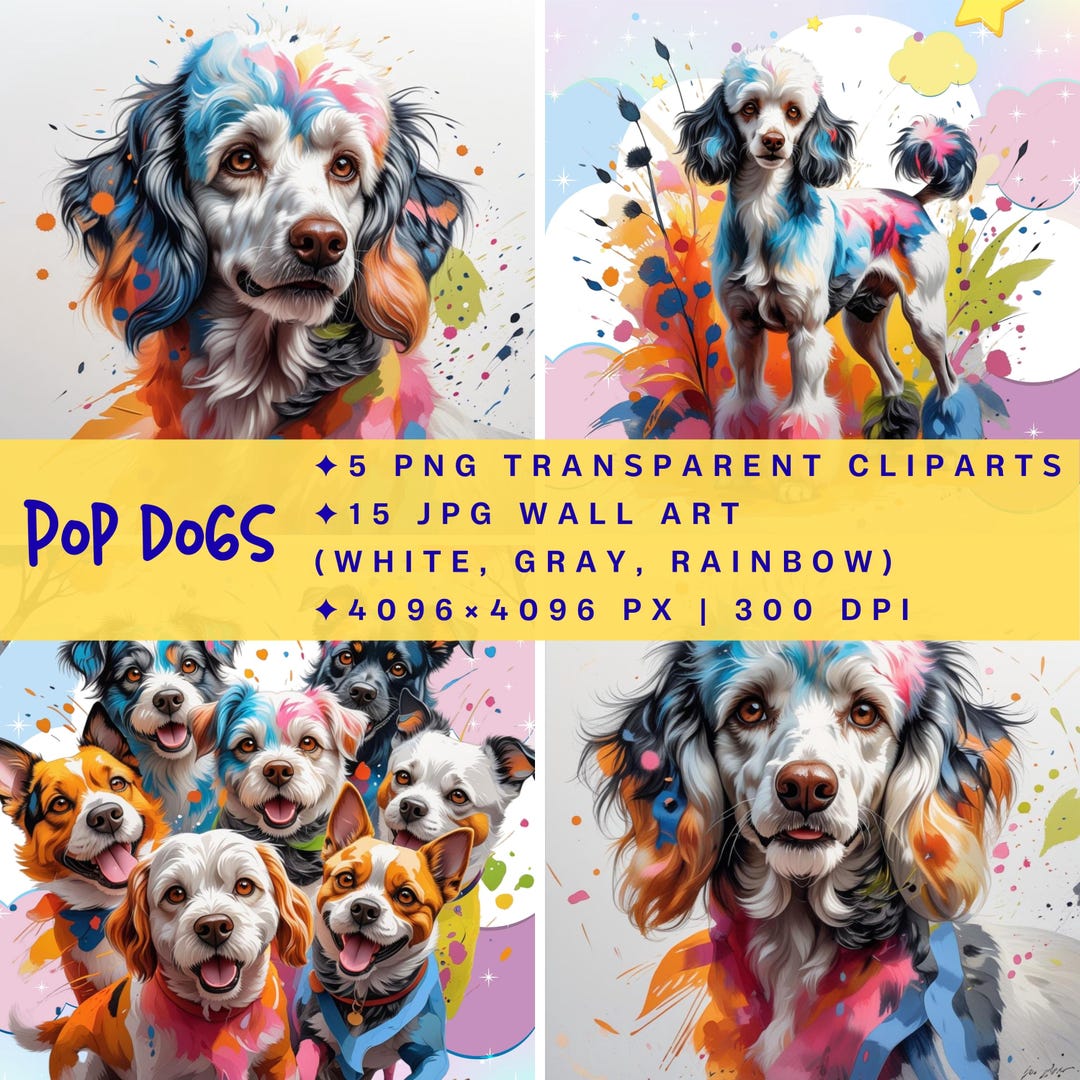 Pop Dogs Clipart Bundle – 4+1 Colorful Fantasy Dog Jpgs for Crafts ...