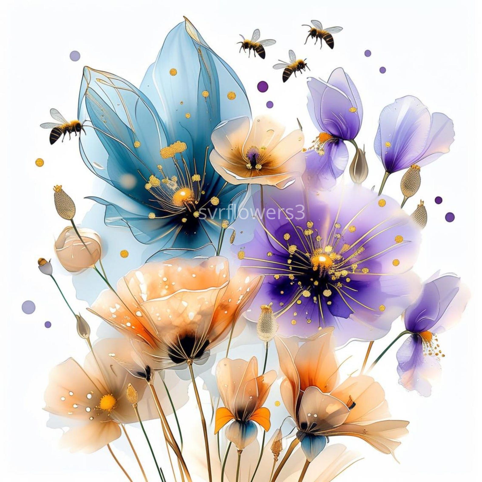 Whimsical Wildflowers Clipart Set #3, 7 Watercolor Jpgs + Bonus ...
