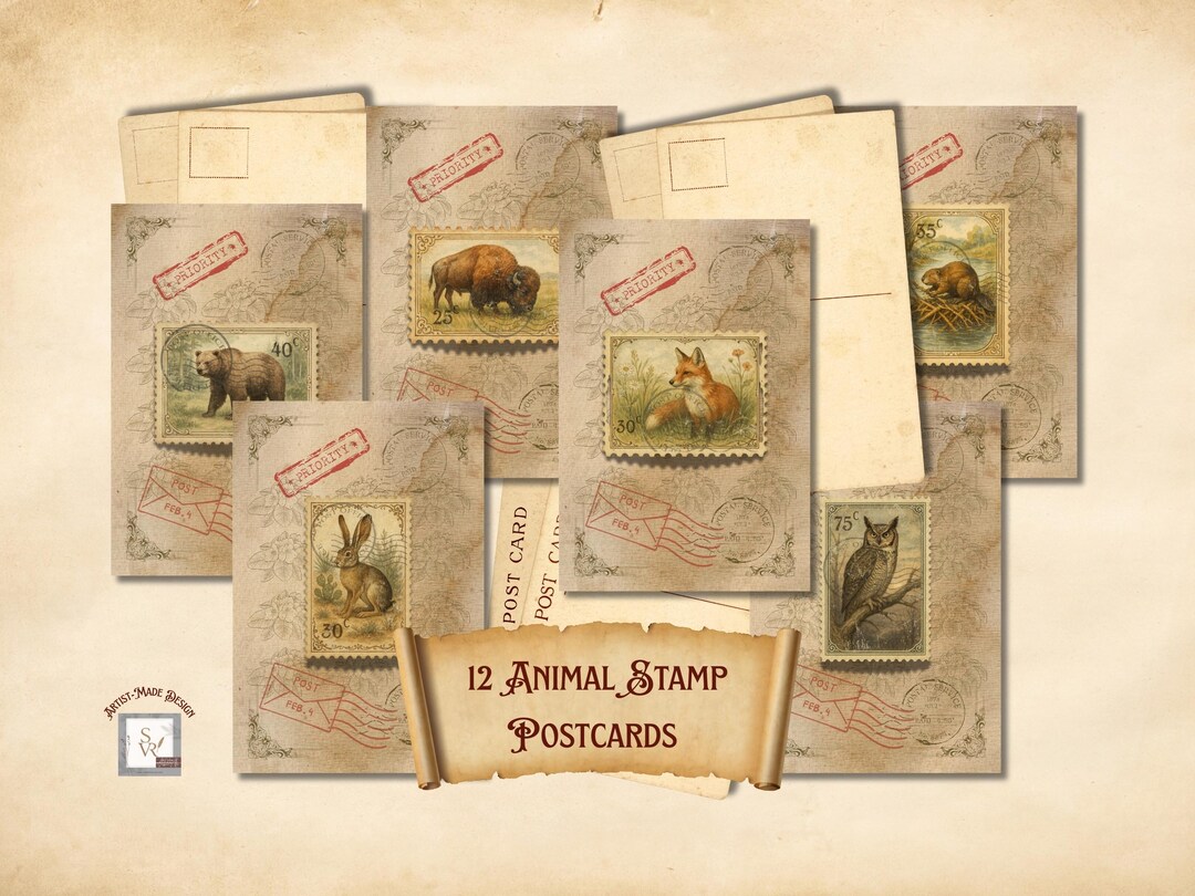Printable Animal Stamp Postcards Vintage Ephemera 12 Wildlife Postcards ...