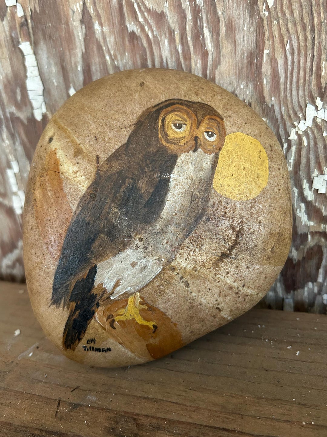 Vintage Lin Tillman Original Hand Painted Owl Rock Folk Art North ...