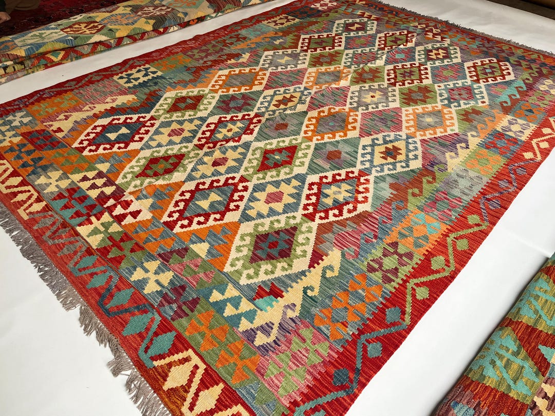 6’11 X 9’4 Ft Afghan Orange Multicolor Kilim Rug, Afghan Hand Knotted ...
